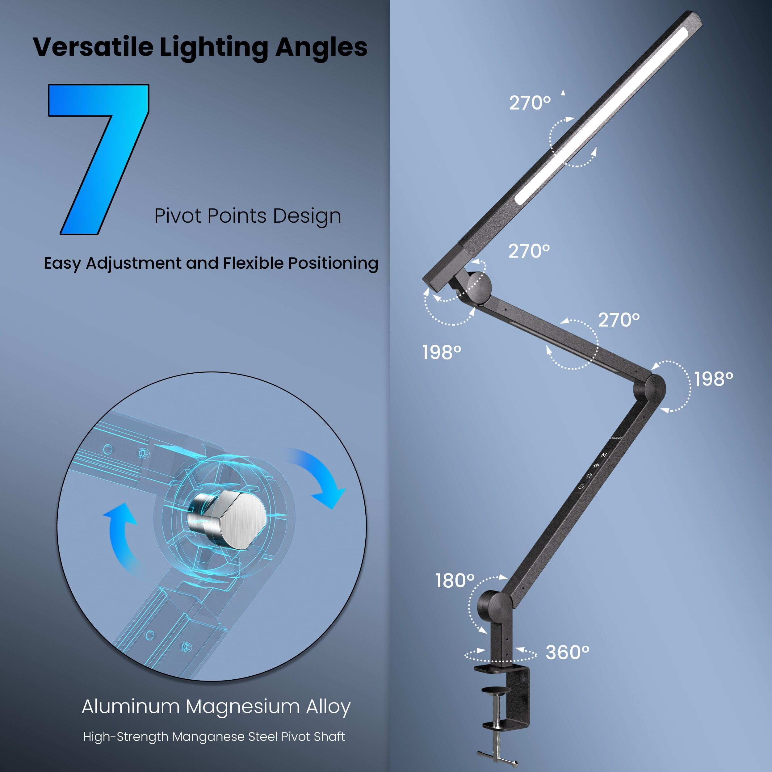 AmazLit Desk Lamp, Desk Light with Clamp, Stepless Dimming & Adjustable Color Temperature Modern Eye-Caring Architect Lamp with Memory & Timing Function for Study, Work, Home, Office, 15W