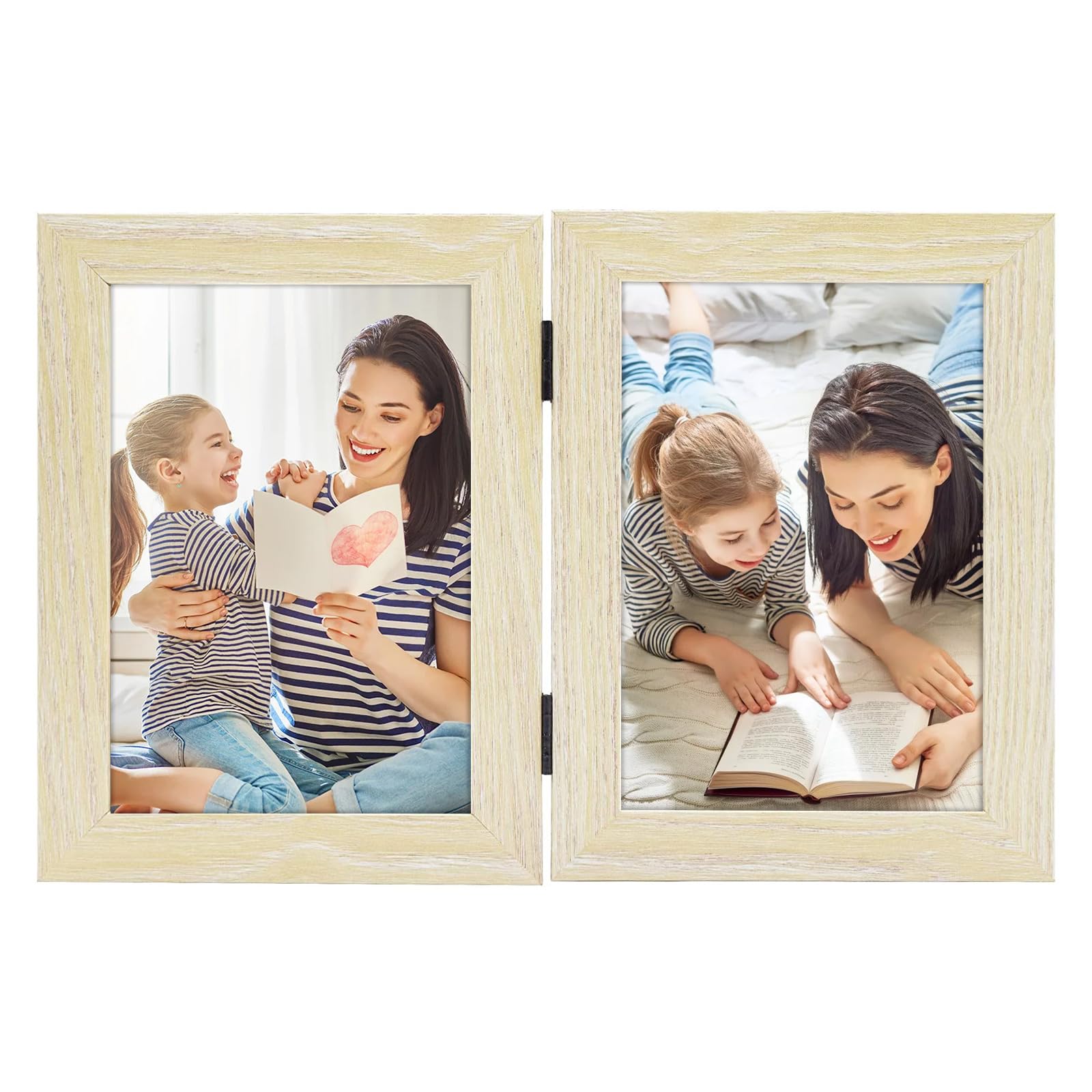 Golden State Art, 5x7 Double Hinged Picture Frame, Two Photo Folding Frames, for Wedding Family Pictures Collage (Beige, Double, 5x7)