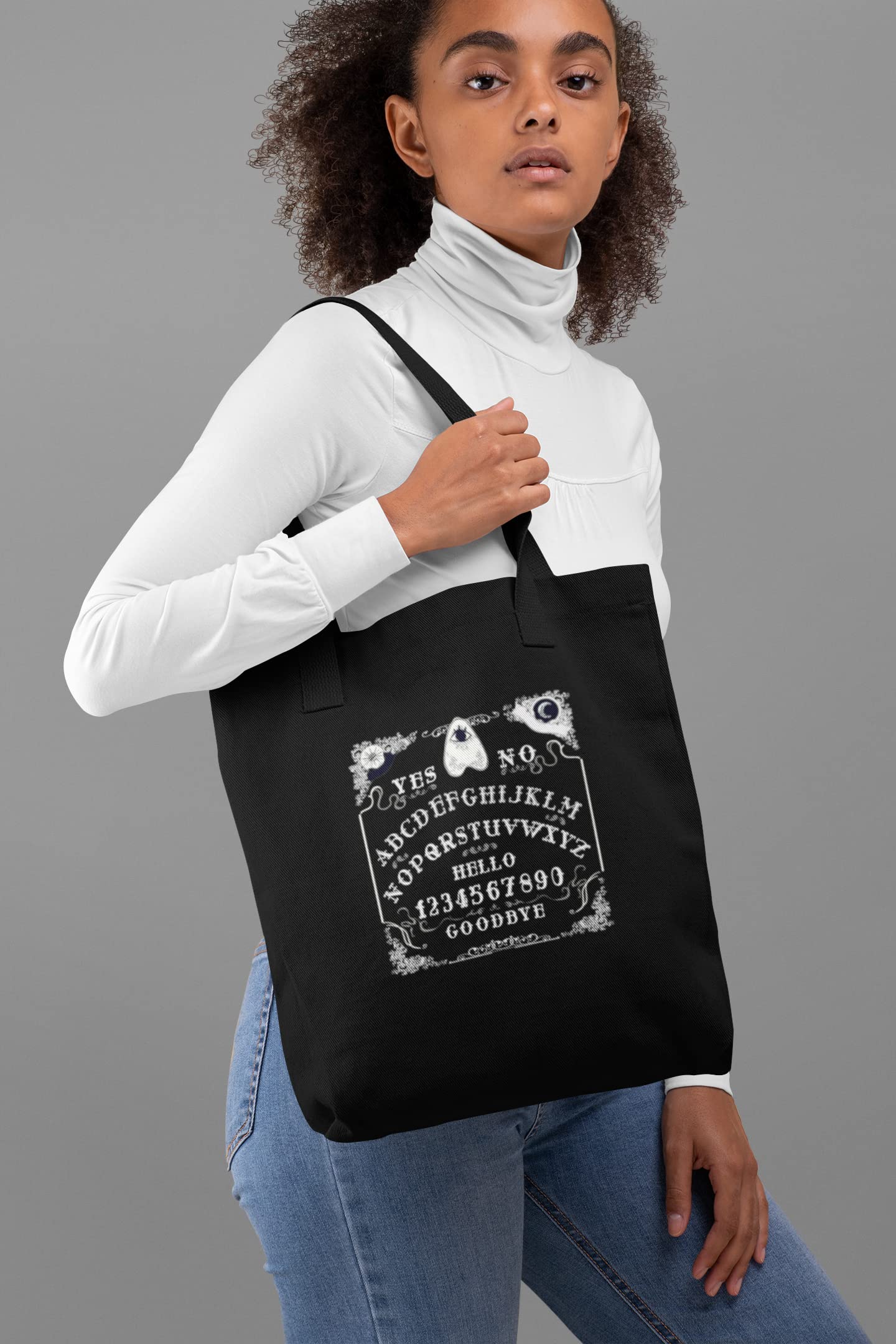 Pop Threads Ouija Board Seance Spirit Board Design Goth Gothic Black 15x15 inches Large Canvas Tote Bag