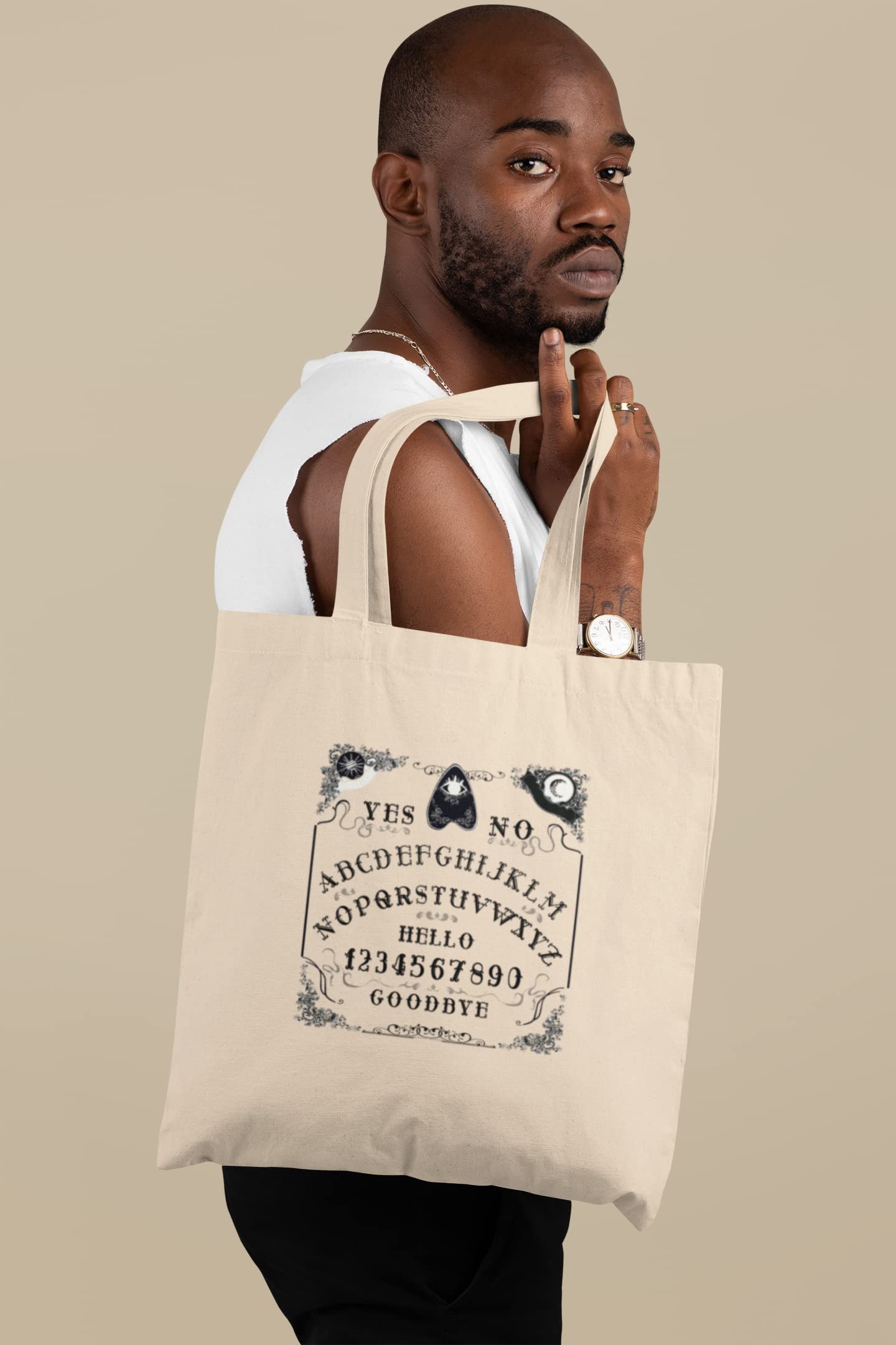 Pop Threads Ouija Board Seance Spirit Board Design Goth Gothic Black 15x15 inches Large Canvas Tote Bag