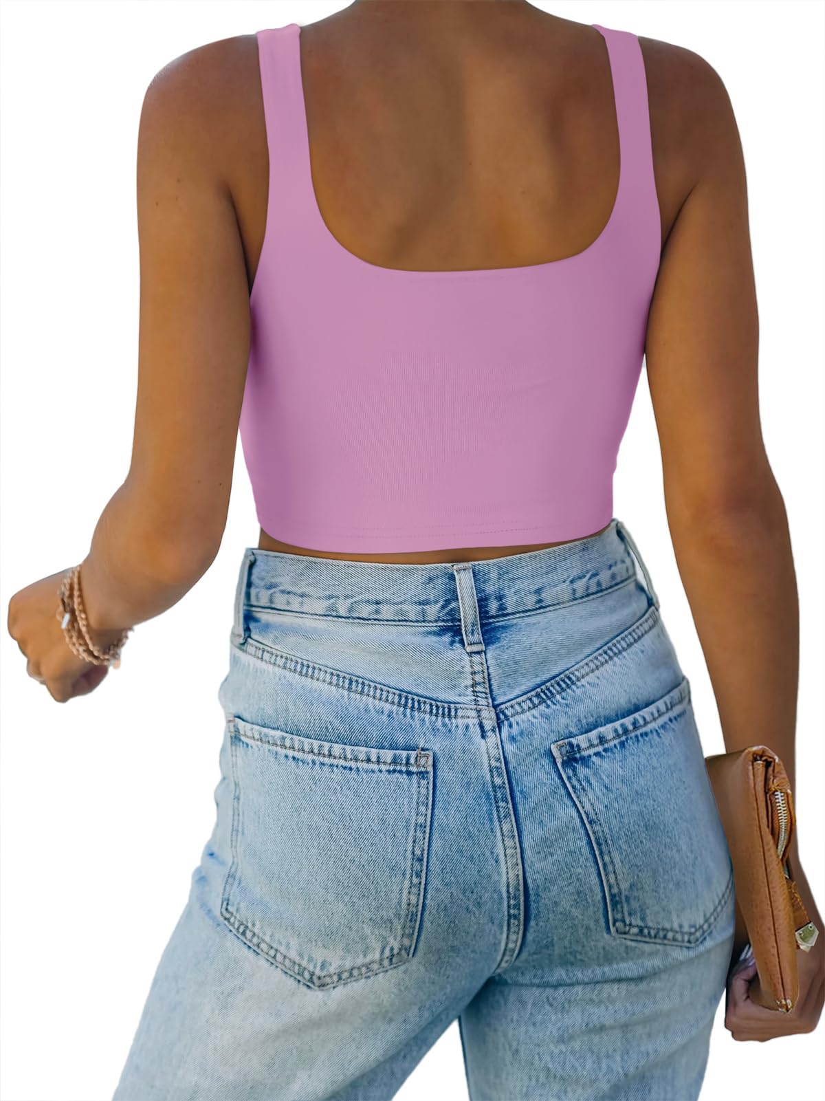 REORIA Women's Summer Sexy Basic Sleeveless Square Neck Fitted Seamless Yoga Cropped Tank Cute Crop Tops Violet Medium