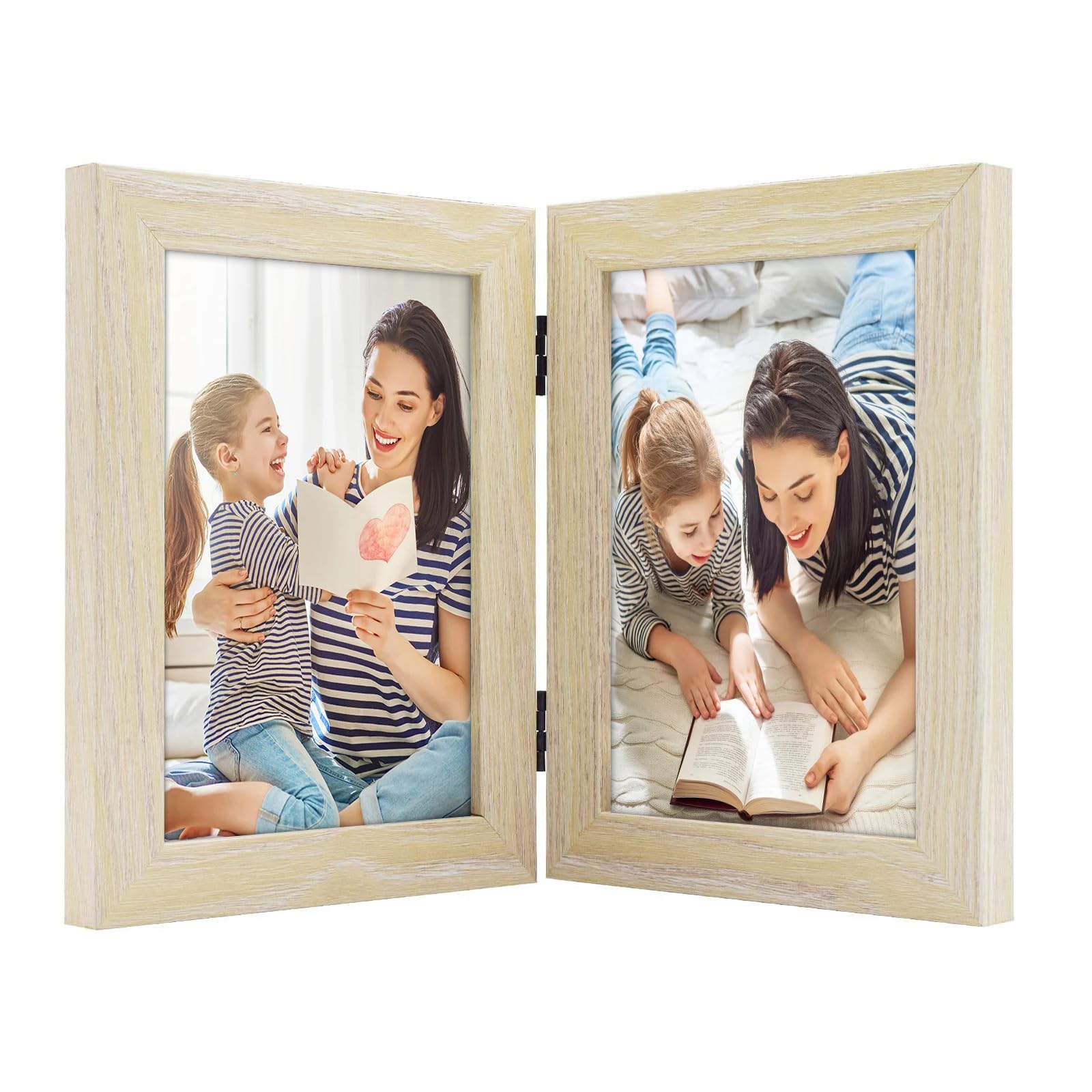 Golden State Art, 5x7 Double Hinged Picture Frame, Two Photo Folding Frames, for Wedding Family Pictures Collage (Beige, Double, 5x7)
