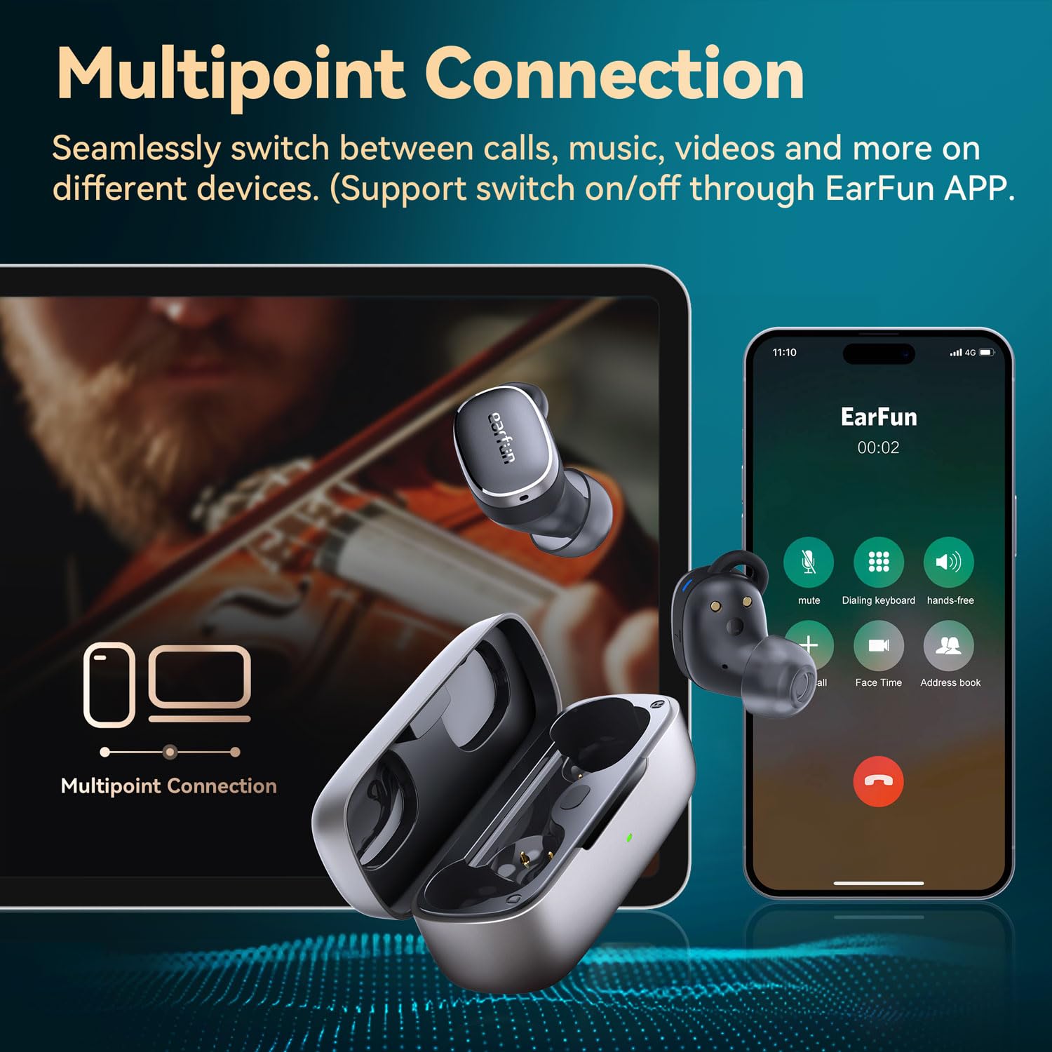 EarFun Free Pro 3 Noise Cancelling Wireless Earbuds, Hi-Res Sound, Snapdragon Sound with Qualcomm aptX™ Adaptive, 6 Mics ENC, Bluetooth 5.3 Earbuds, Multipoint Connection, Custom App, Wireless Charge