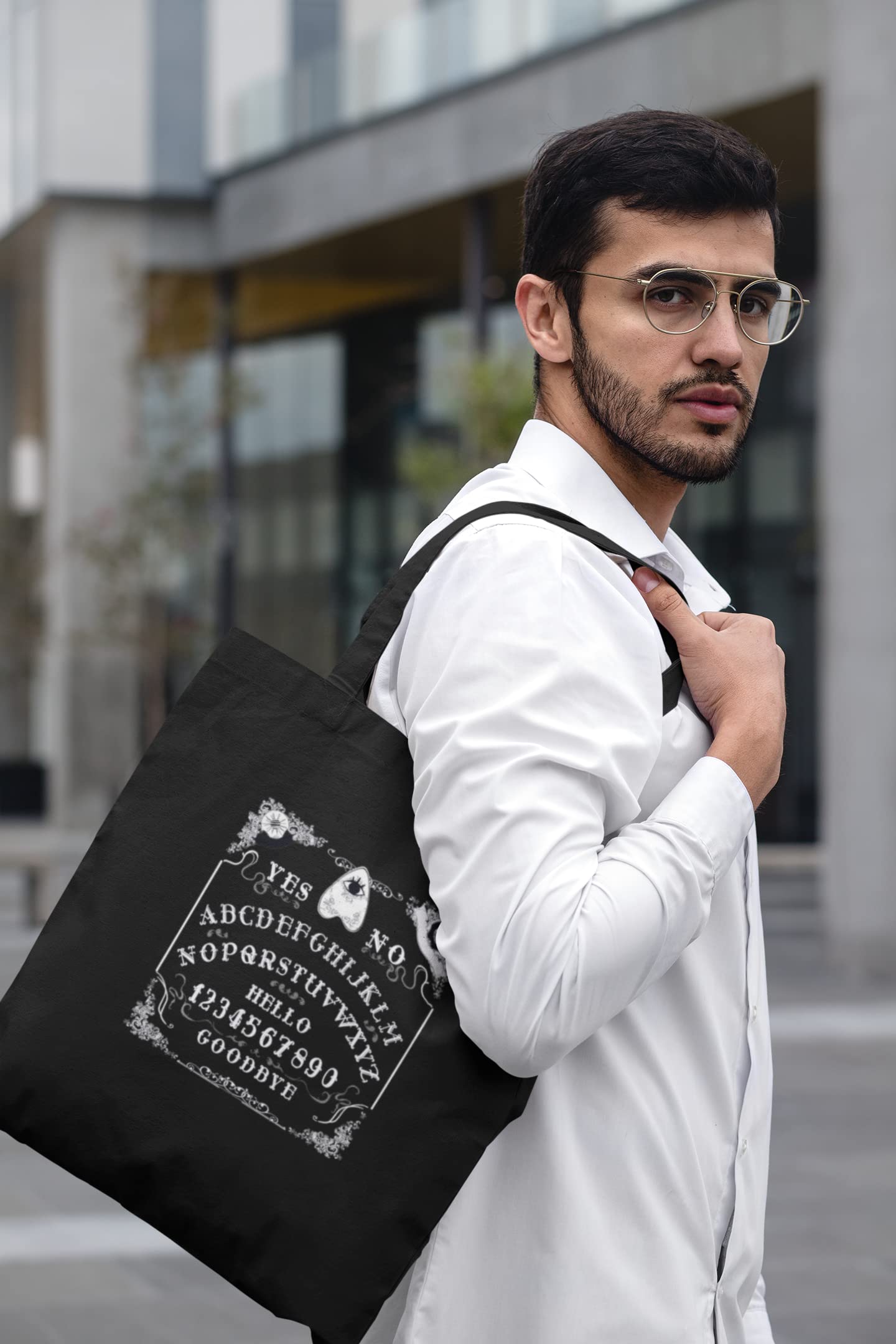 Pop Threads Ouija Board Seance Spirit Board Design Goth Gothic Black 15x15 inches Large Canvas Tote Bag