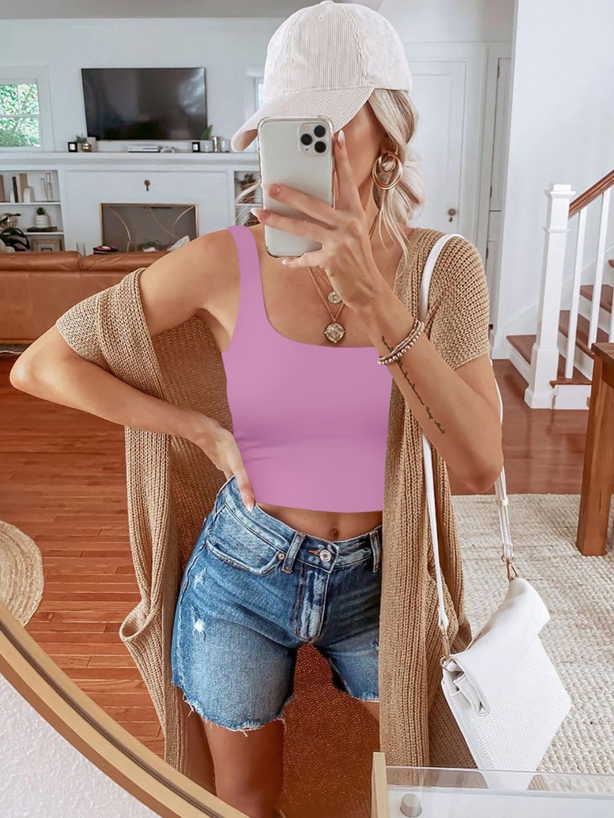 REORIA Women's Summer Sexy Basic Sleeveless Square Neck Fitted Seamless Yoga Cropped Tank Cute Crop Tops Violet Medium