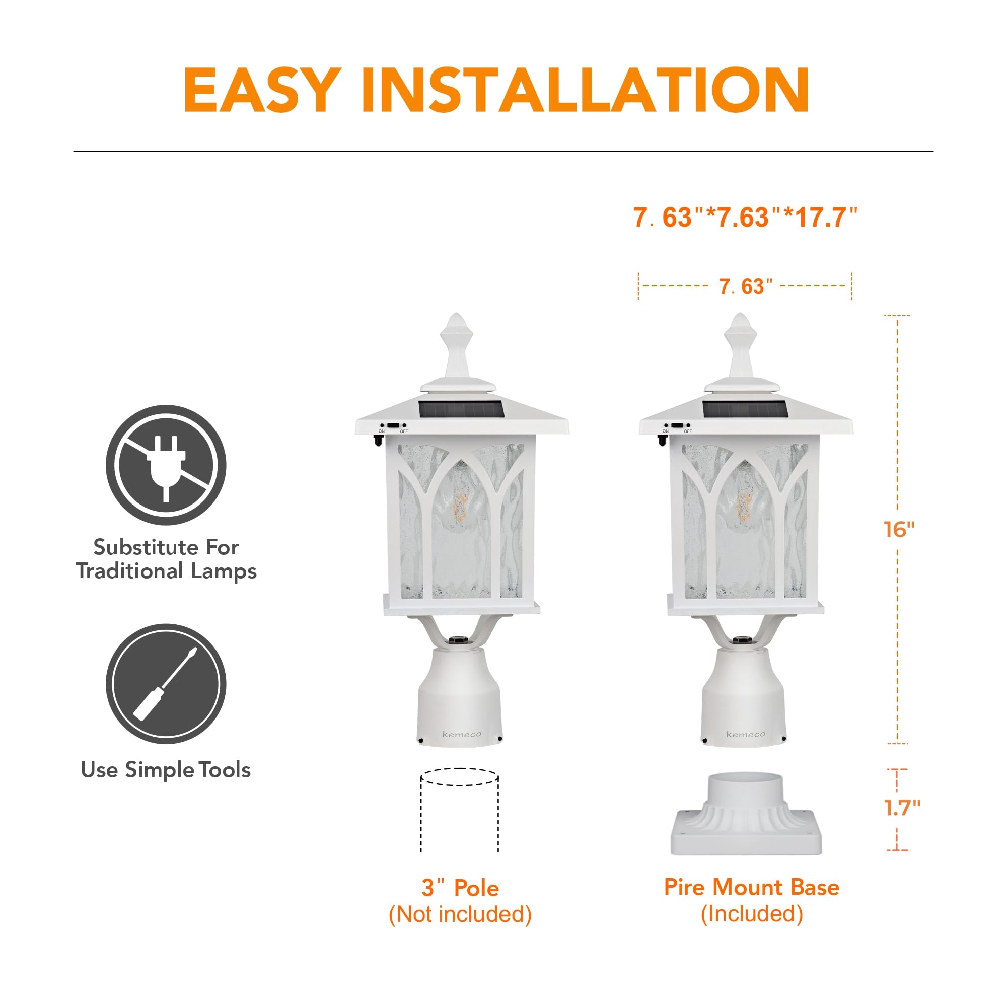 Kemeco ST4328Q-W Solar Post Light Outdoor Cast Aluminum White Fixture with 3 Inch Pire Mount for Pole Pillar Yard Garden Landscape Entryways Décor
