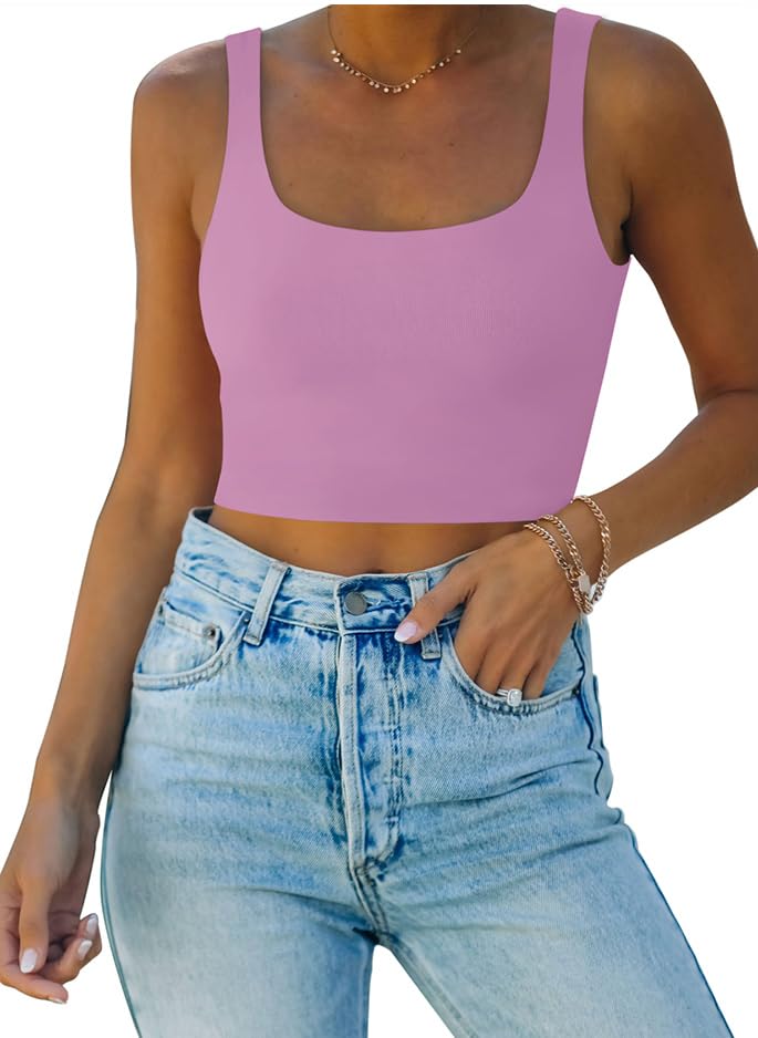 REORIA Women's Summer Sexy Basic Sleeveless Square Neck Fitted Seamless Yoga Cropped Tank Cute Crop Tops Violet Medium