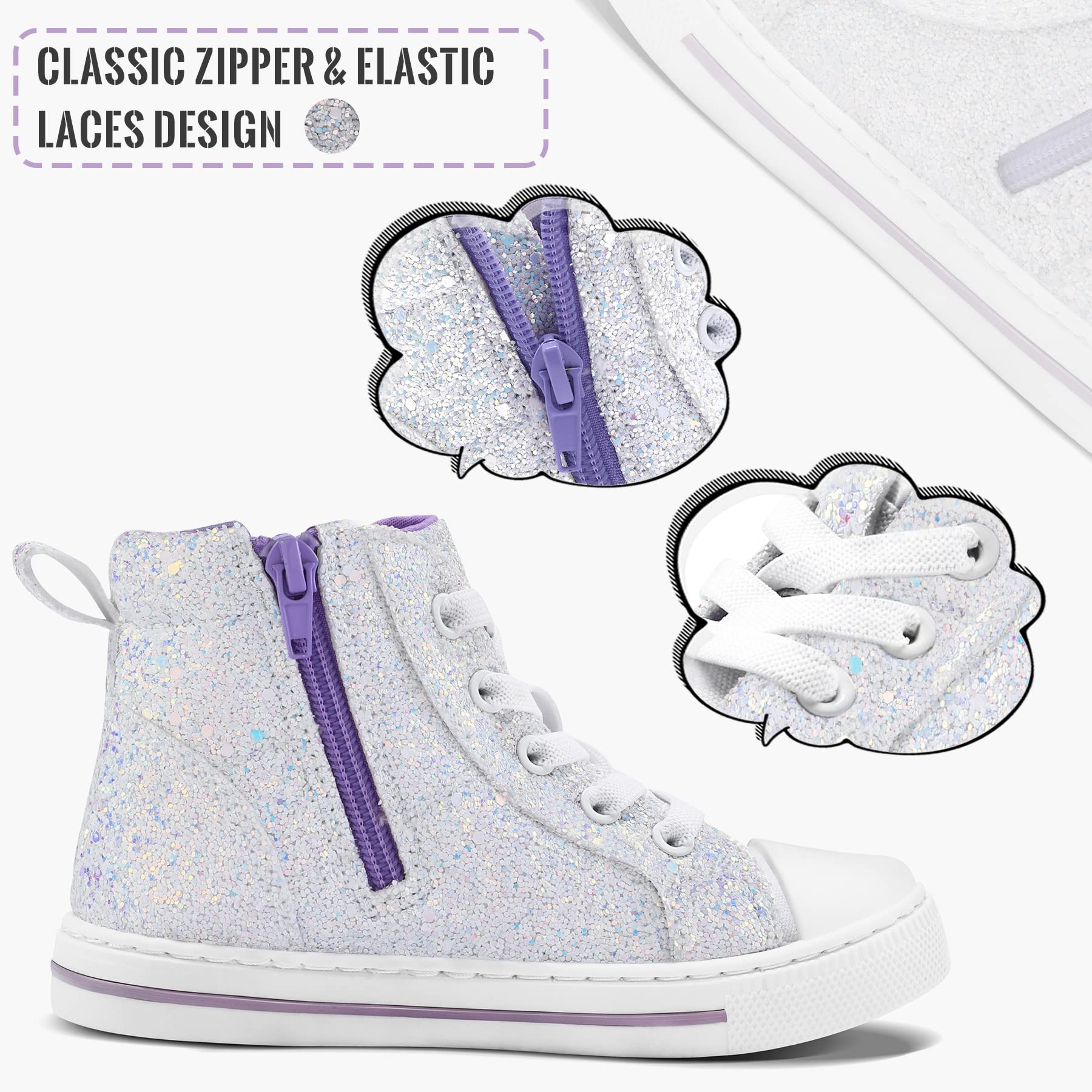 K KomForme Kids Sneakers for Boys and Girls Toddler Canvas High Top Walking Causal Shoes with Zipper White Glitter