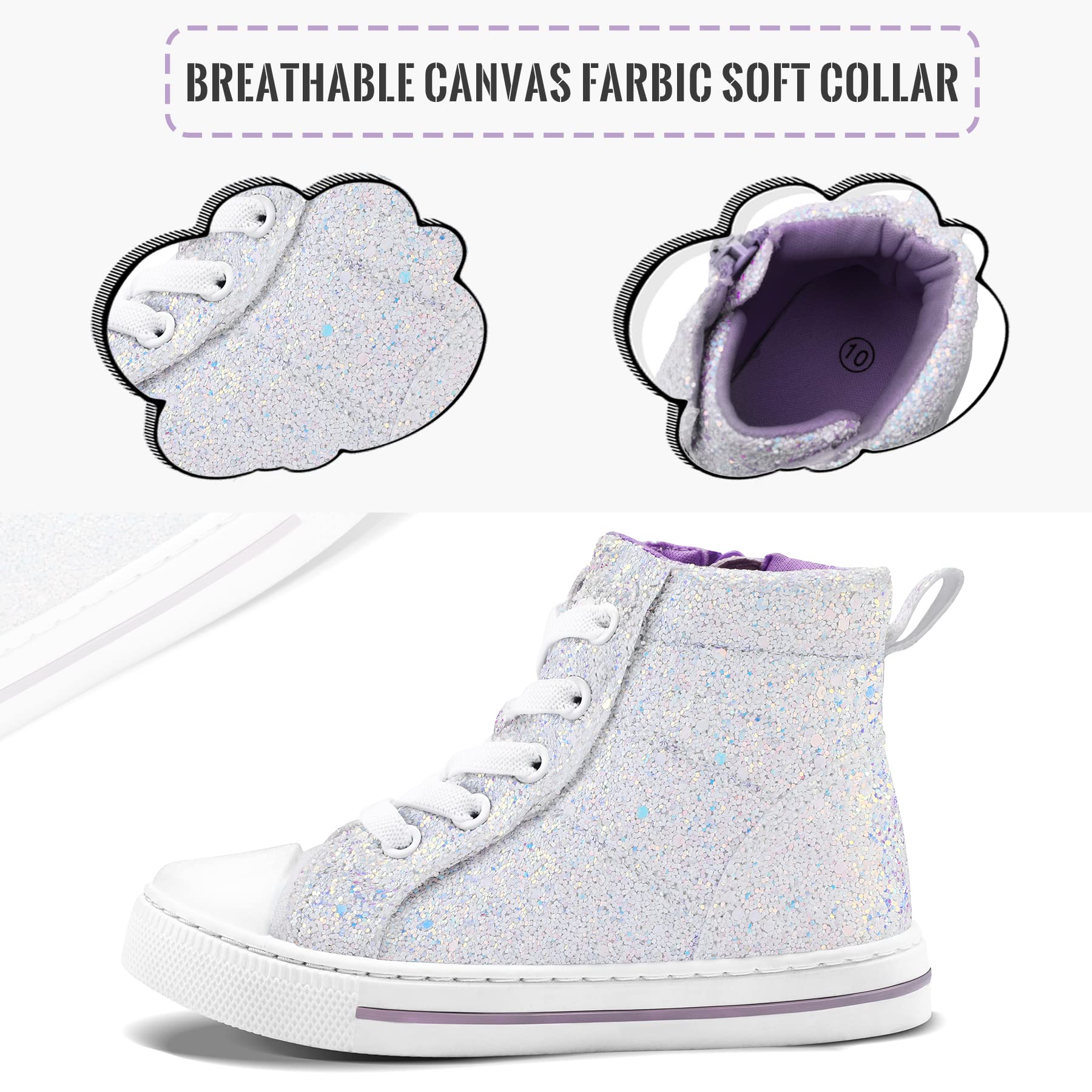 K KomForme Kids Sneakers for Boys and Girls Toddler Canvas High Top Walking Causal Shoes with Zipper White Glitter