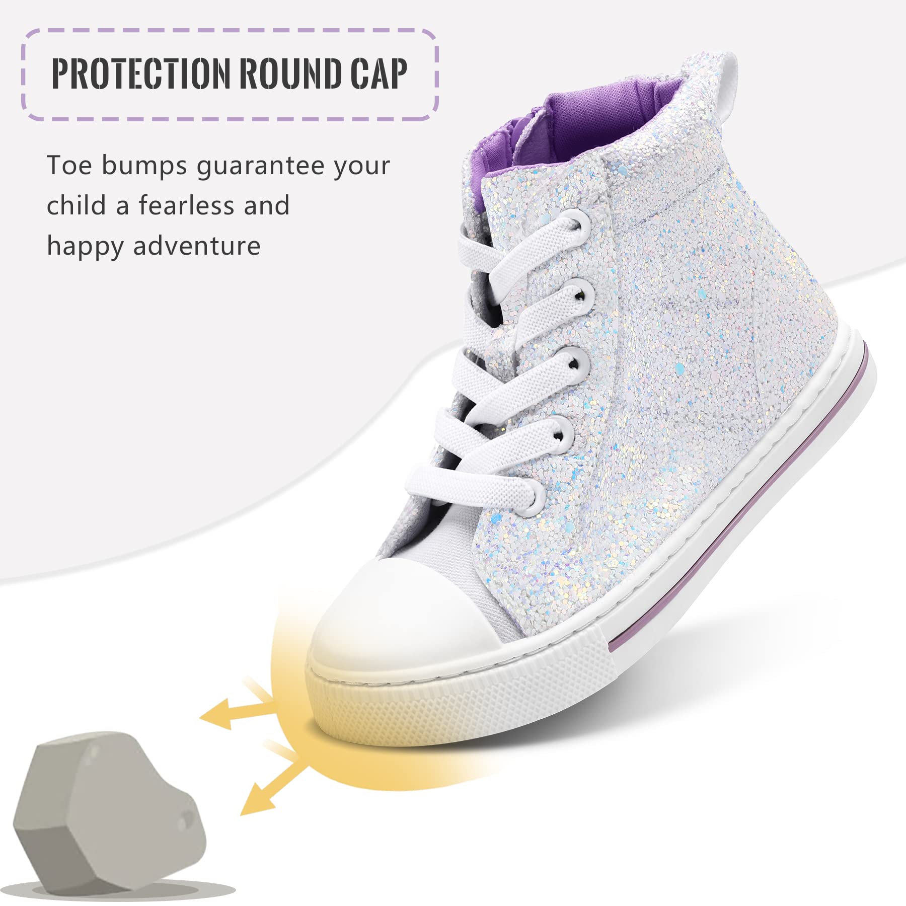 K KomForme Kids Sneakers for Boys and Girls Toddler Canvas High Top Walking Causal Shoes with Zipper White Glitter
