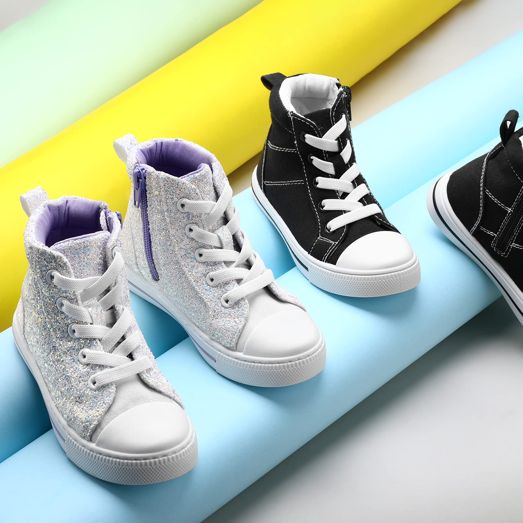 K KomForme Kids Sneakers for Boys and Girls Toddler Canvas High Top Walking Causal Shoes with Zipper White Glitter