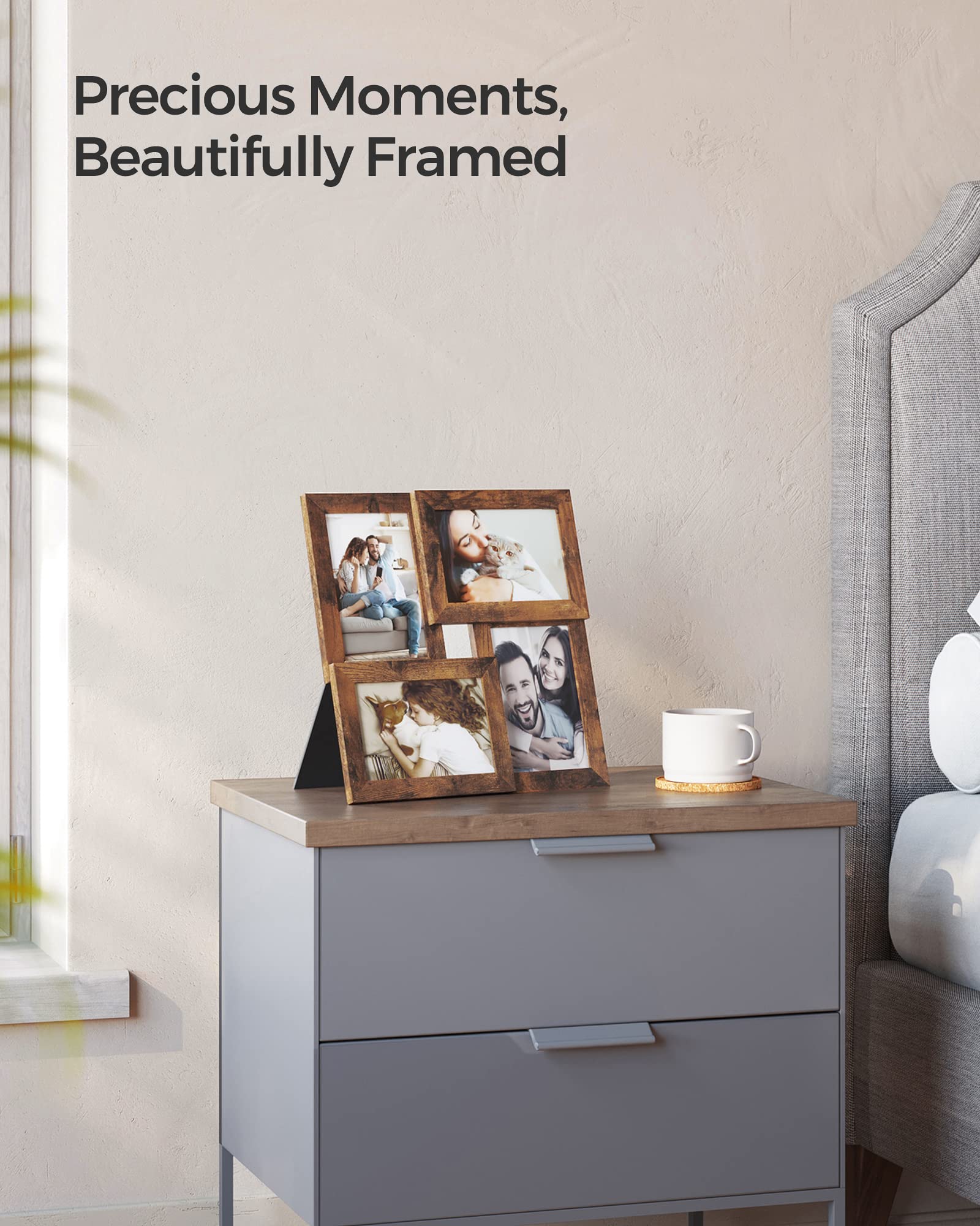SONGMICS 4x6 Collage Picture Frames, Family Photo Collage Frame Set of 4 for Wall Decor, Glass Front, Wall Hanging or Tabletop, Rustic Brown