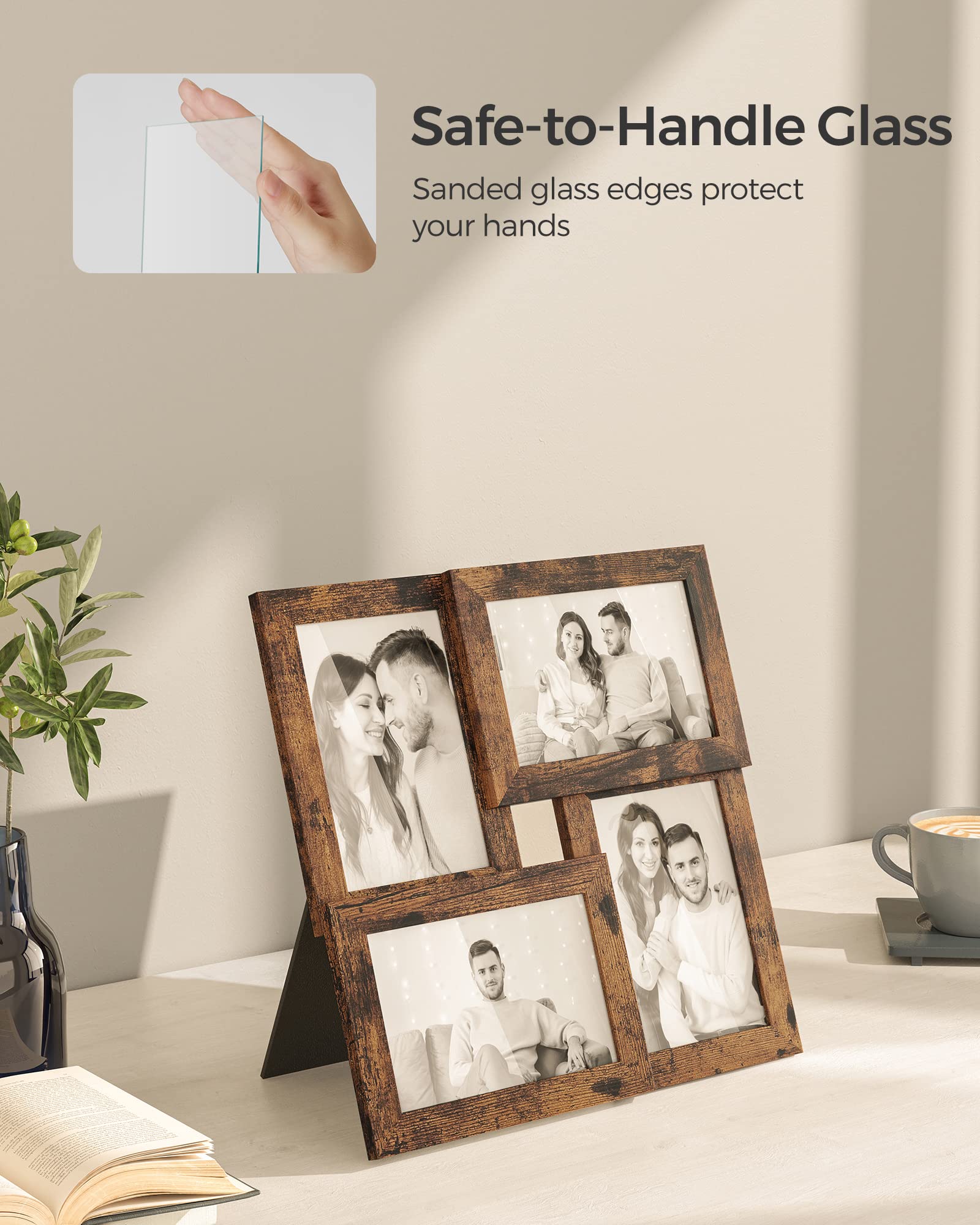 SONGMICS 4x6 Collage Picture Frames, Family Photo Collage Frame Set of 4 for Wall Decor, Glass Front, Wall Hanging or Tabletop, Rustic Brown