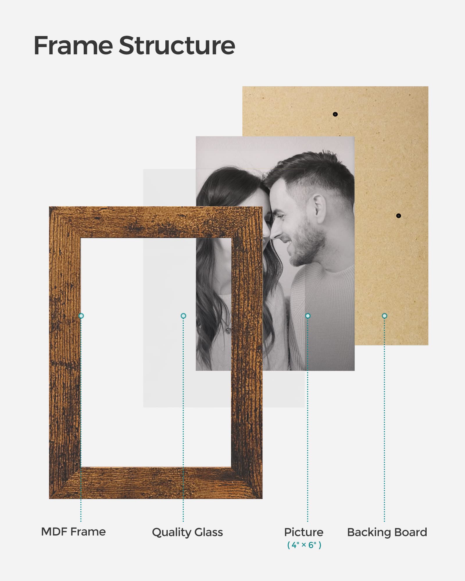 SONGMICS 4x6 Collage Picture Frames, Family Photo Collage Frame Set of 4 for Wall Decor, Glass Front, Wall Hanging or Tabletop, Rustic Brown
