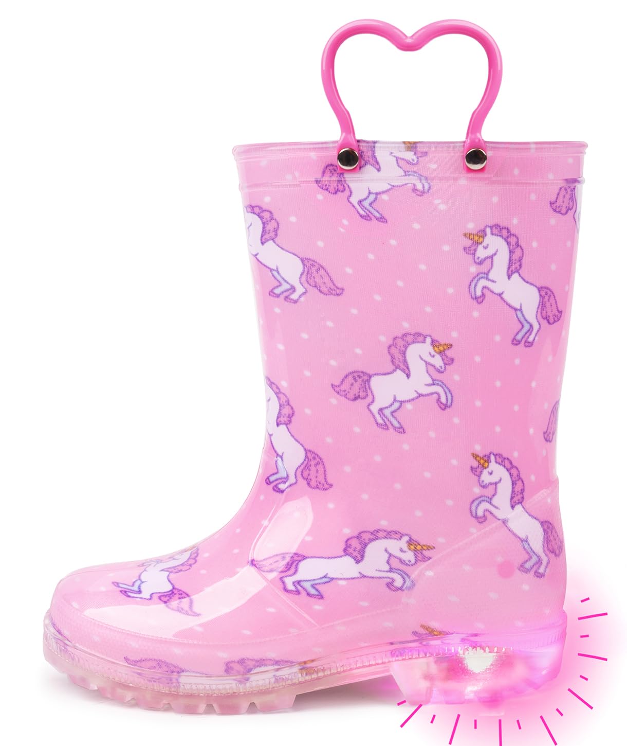 Outee Toddler Girls Rain Boots Little Kids Baby child Light Up Waterproof Rubber Shoes Unicorn Printed Mud Lightweight Adorable with Easy-On Handles Non Slip Sole Pink Size 2
