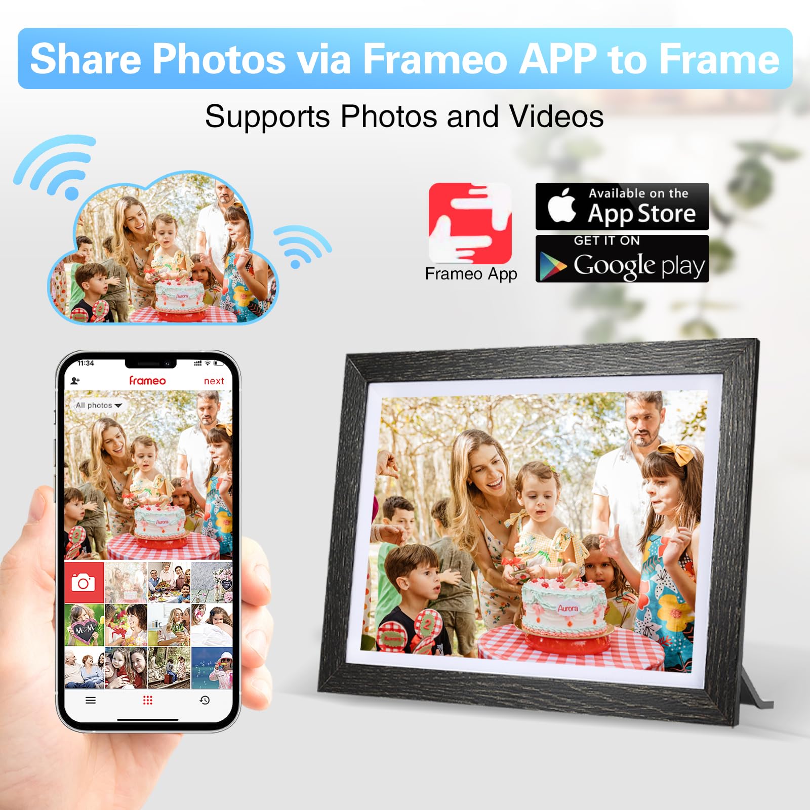 Digital Picture Frame FRAMEO 10.1 inch WiFi Electronic Photo Frame 1280X800 Hd IPS Touch Screen 32GB Quick Easy Set Up and Use Auto Rotate Portrait Landscape Gift for Family and Friends,Black