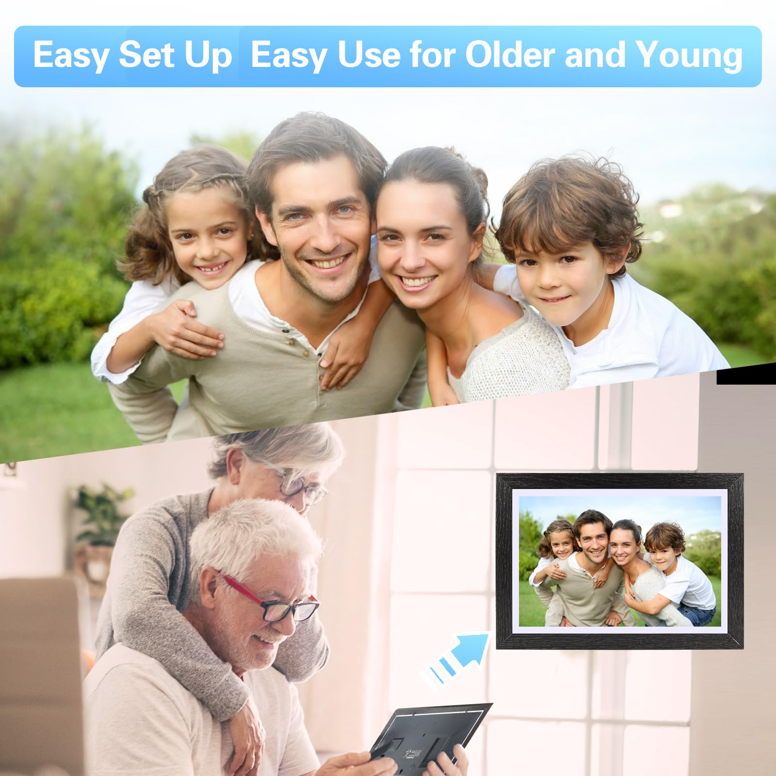 Digital Picture Frame FRAMEO 10.1 inch WiFi Electronic Photo Frame 1280X800 Hd IPS Touch Screen 32GB Quick Easy Set Up and Use Auto Rotate Portrait Landscape Gift for Family and Friends,Black