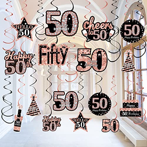 30Pcs Rose Gold 50th Birthday Hanging Swirl Decorations for Women, Cheers to 50 Years Birthday Foil Swirls Party Supplies, Fifty Bday Ceiling Hanging Sign Decor