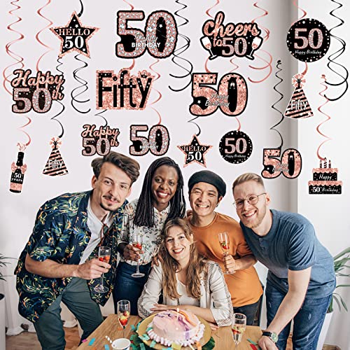 30Pcs Rose Gold 50th Birthday Hanging Swirl Decorations for Women, Cheers to 50 Years Birthday Foil Swirls Party Supplies, Fifty Bday Ceiling Hanging Sign Decor