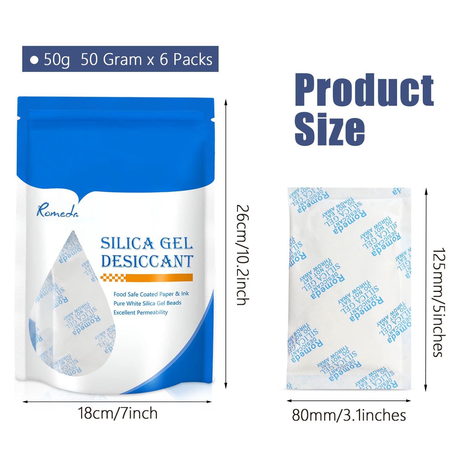 6 Pcs 50 Gram Silica Gel Packs, Transparent Desiccant, Desiccant Packets for Storage, Moisture Packs for Spices Jewelry Shoes Boxes Electronics Storage, Food Safe