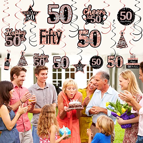 30Pcs Rose Gold 50th Birthday Hanging Swirl Decorations for Women, Cheers to 50 Years Birthday Foil Swirls Party Supplies, Fifty Bday Ceiling Hanging Sign Decor