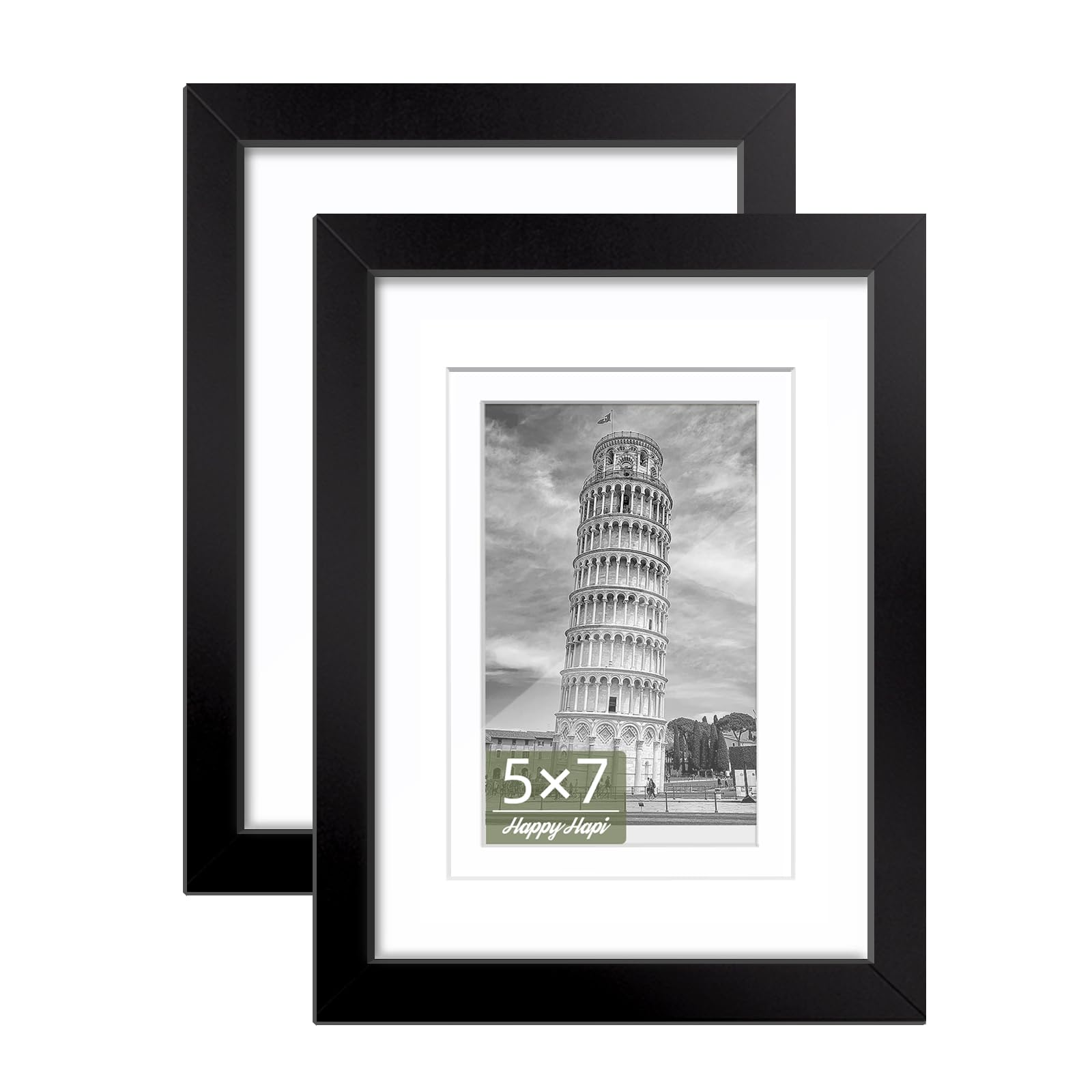 HappyHapi 5x7 Black Picture Frames, Made of Solid Wood Photo Frames, Display Pictures 3.5x5 and 4x6 with Mat or 5x7 Without Mat for Tabletop or Wall Display, 2 Pack