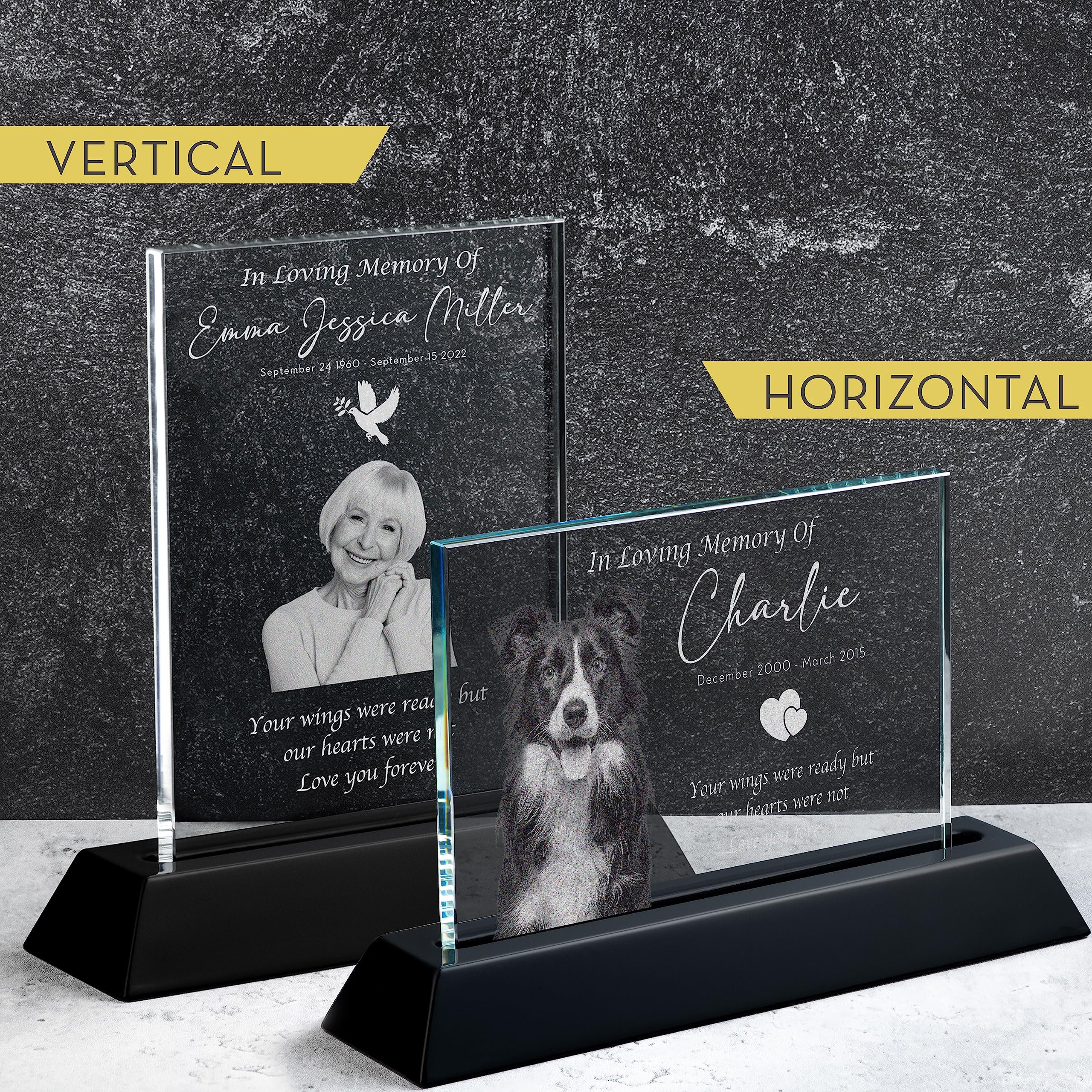 Sympathy Gifts, 3D Photo Crystal, Personalized with Any Photo, Icon, Name, Date - Gifts for Loss Loved Ones (Horizontal)