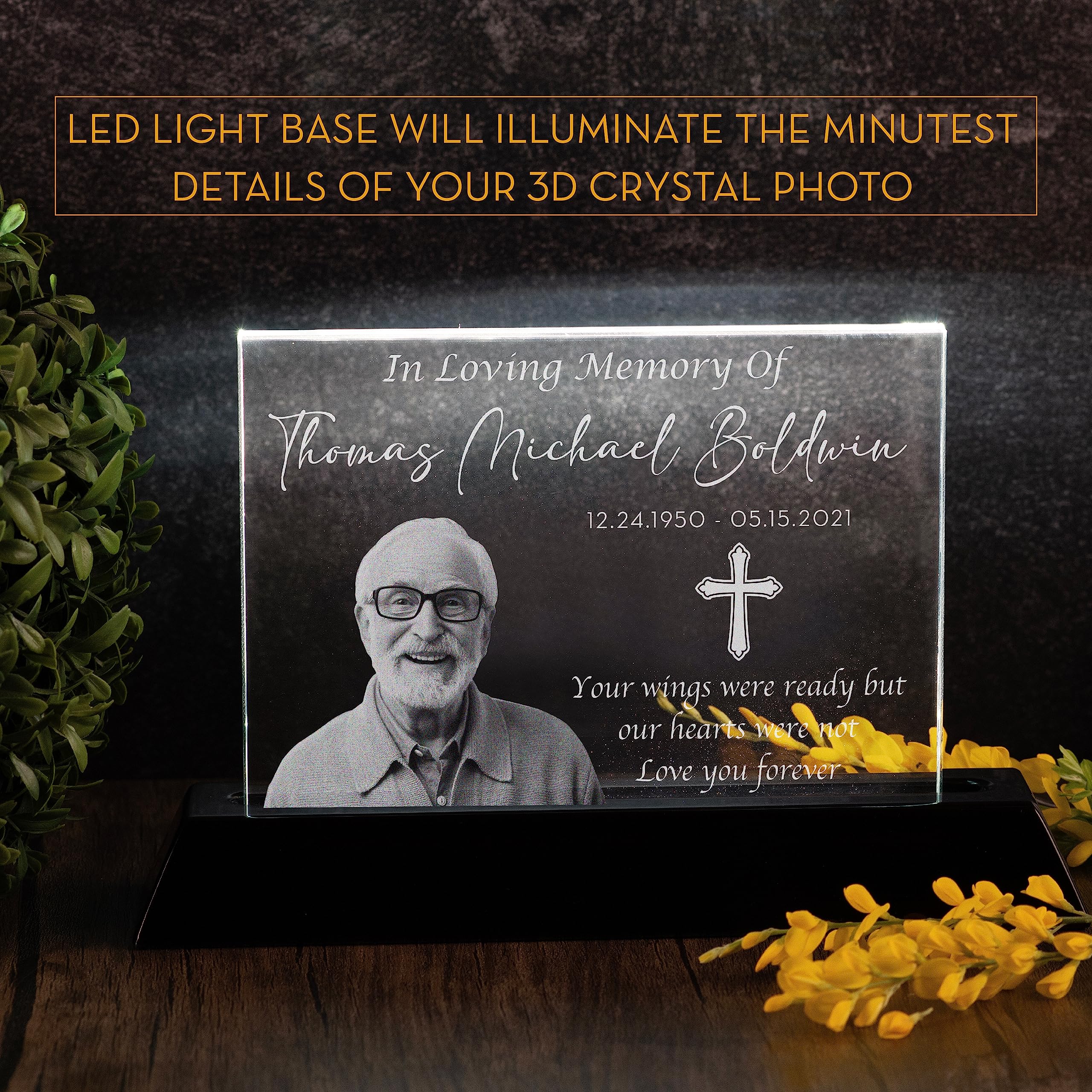 Sympathy Gifts, 3D Photo Crystal, Personalized with Any Photo, Icon, Name, Date - Gifts for Loss Loved Ones (Horizontal)