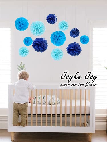 12 Pcs Tissue Pom Poms Kit, Tissue Paper Flowers for Birthday, Boy Baby Shower, Nursery, Graduation, Bachelorette Party Decoration (Blue Mix)