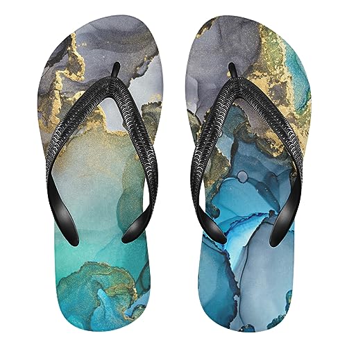Poeticcity Mixed Blue, Grey, Golden Alcohol Ink Abstract Marble Texture Beach Flip Flops, Casual Comfort Thong Sandals for Indoor Outdoor, Home Slippers Hotel Spa Bedroom Travel for Men Women L Size