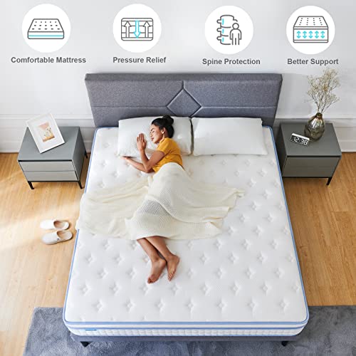 IYEE NATURE Queen Mattresses, 14 Inch Queen Size Hybrid Mattress Individual Pocket Springs with Foam,Queen Bed in a Box,Medium Soft,Bule
