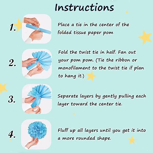 12 Pcs Tissue Pom Poms Kit, Tissue Paper Flowers for Birthday, Boy Baby Shower, Nursery, Graduation, Bachelorette Party Decoration (Blue Mix)