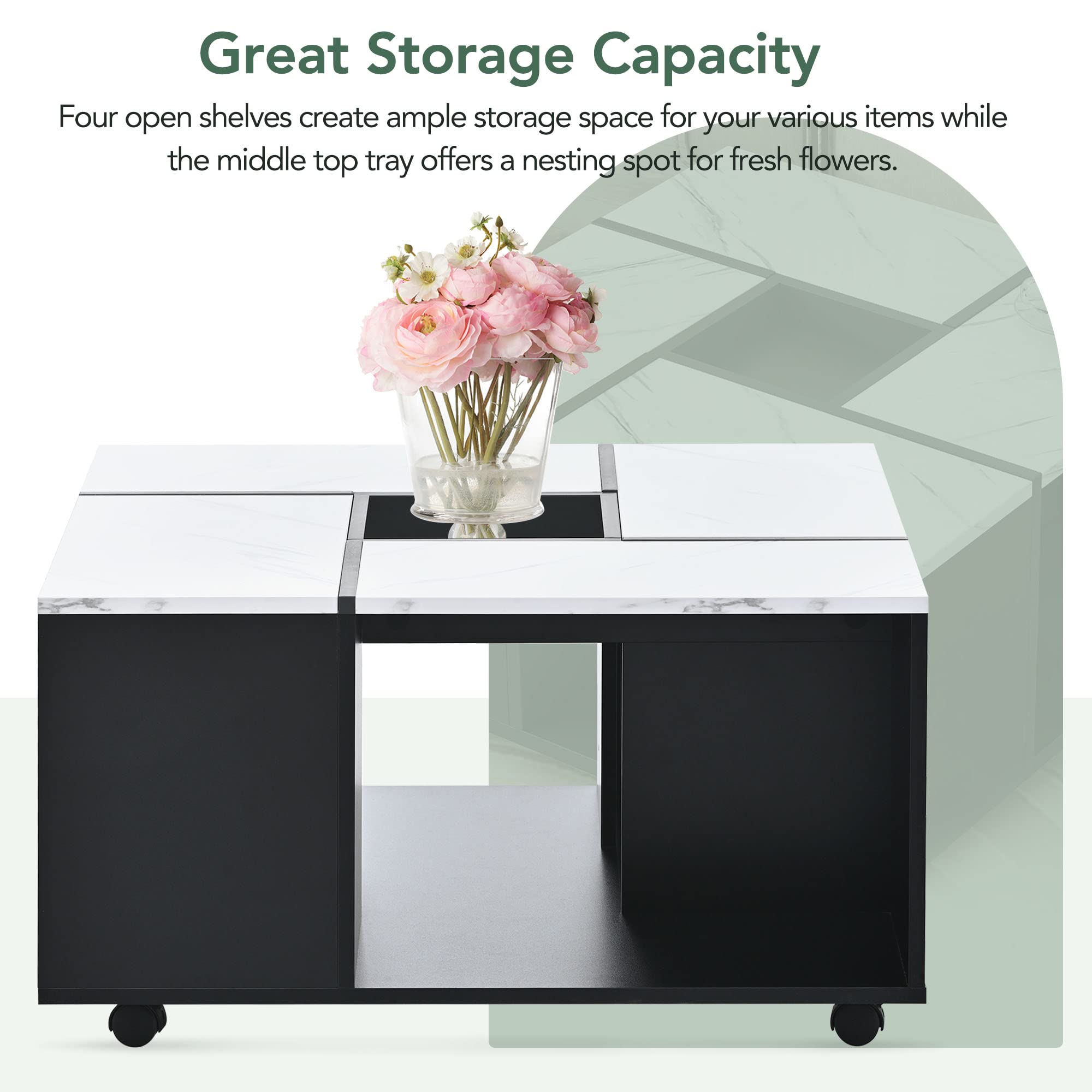 Modern Coffee Table with Storage & Casters, Coffee Tables for Living Room Cocktail Table with Removable Tray, Living Room High Gloss White Marble Top Center Table for Home Office