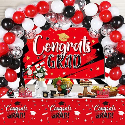53 Pcs Graduation Decorations 2023 Congrats Grad Backdrop Banner Graduation Tablecloth Congrats Latex Balloons with Ribbons for University High School Graduation Party Supplies (Red and Black)
