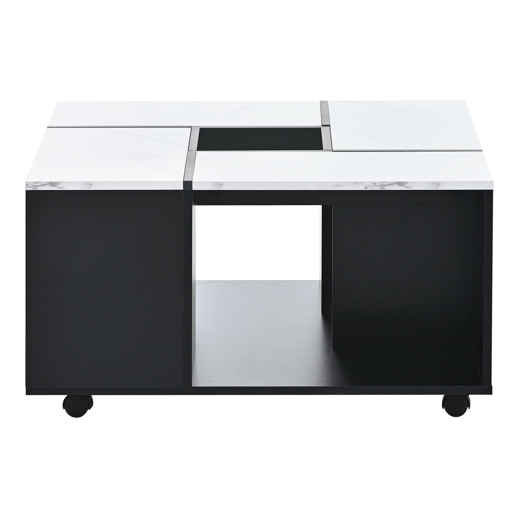 Modern Coffee Table with Storage & Casters, Coffee Tables for Living Room Cocktail Table with Removable Tray, Living Room High Gloss White Marble Top Center Table for Home Office
