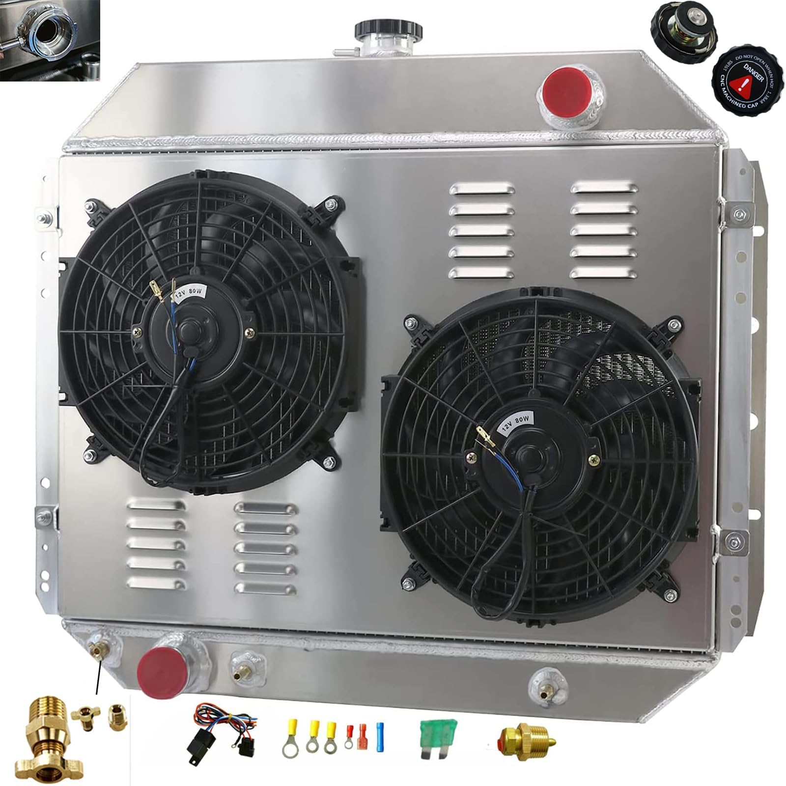 RadRace CC433 Aluminum Radiator For 1966-1979 Ford F100 F150 F250 F350 Bronco Truck V8 AT MT Radiador 3 Row Core Radiators Shroud Fan Relay