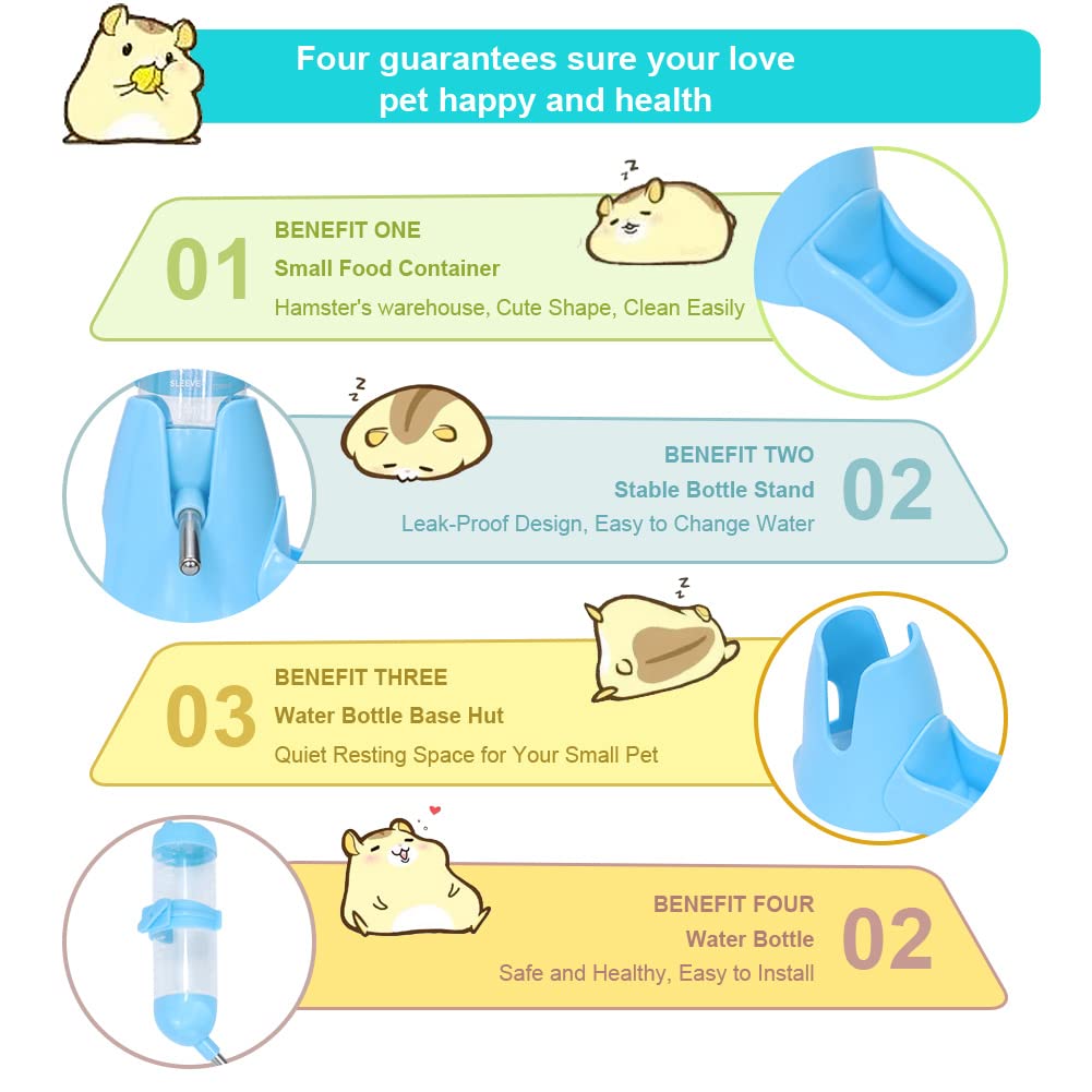 Litewoo Hamster Water Bottle with Food Container Base Hut No Drip Drinking Dispenser for Dwarf Hamster Rats Mouse Gerbil Mice(Blue 80ML Removable Base)