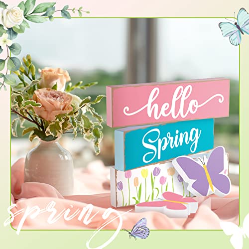 5 Pcs Hello Spring Tiered Tray Decorations Rustic Spring Table Decor Farmhouse Spring Decorations for Home Spring Wood Sign Hello Spring Table Centerpiece Standing Decor for Shelf Tabletop Fireplace