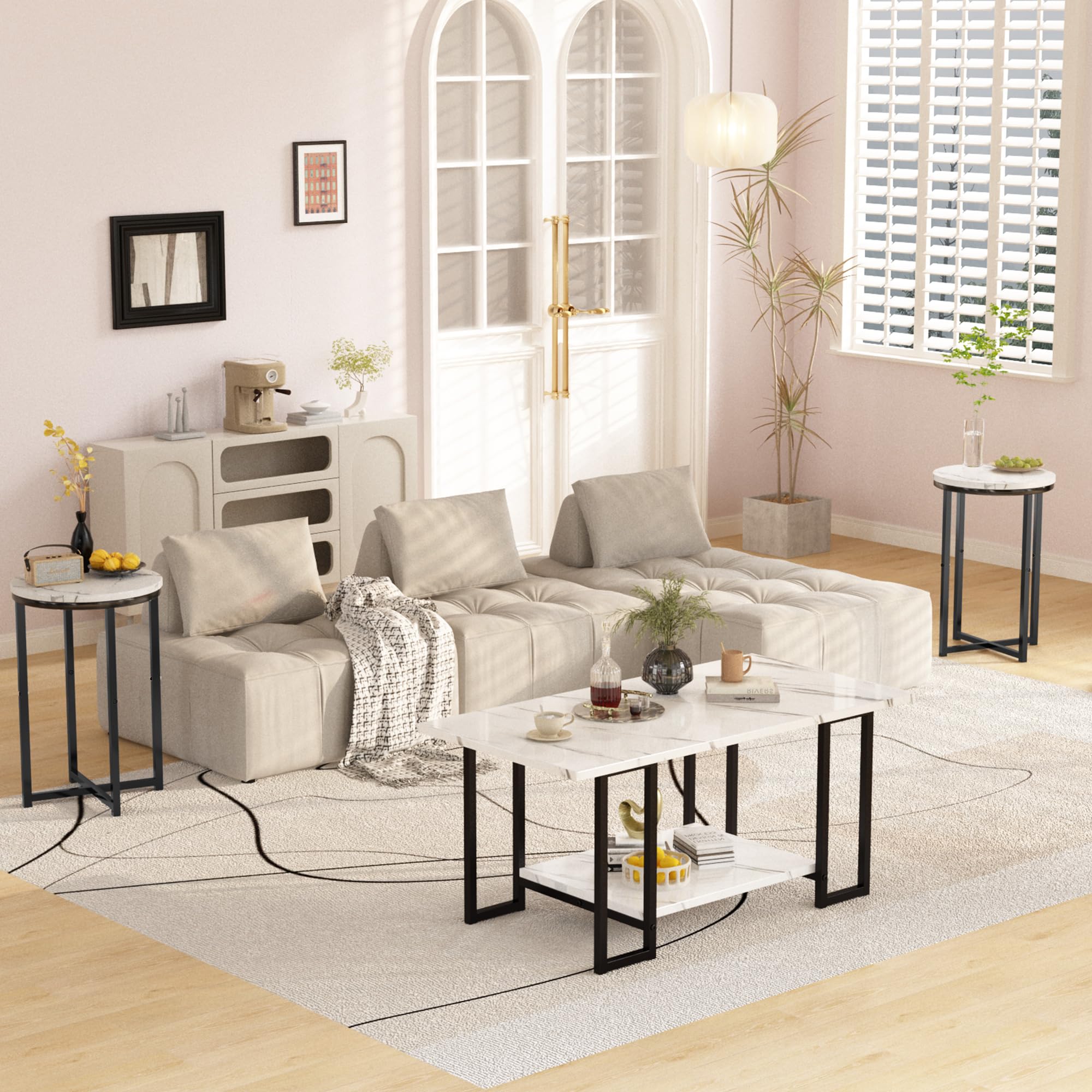 Lamerge 3 Pieces Living Room Table Set, Faux Marble Coffee Table with 2 Round End Side Tables, Coffee Table Set with Metal Frame for Apartment Home Office, White Black