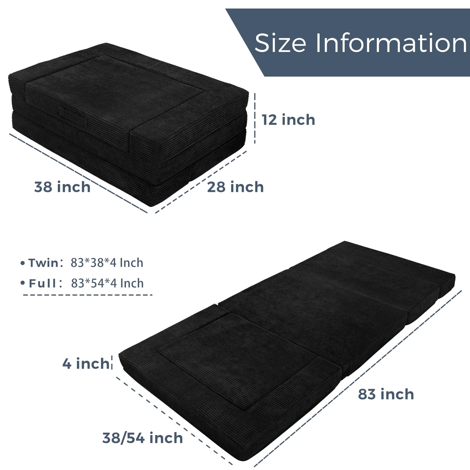 MAXYOYO Folding Sofa Bed, Portable Chair Bed Floor Mattress, Foldable Sleeper Sofa Floor Couch Futon Mattress for Guest Room, Camping, Road Trip, Black, Full, 83x54 Inch