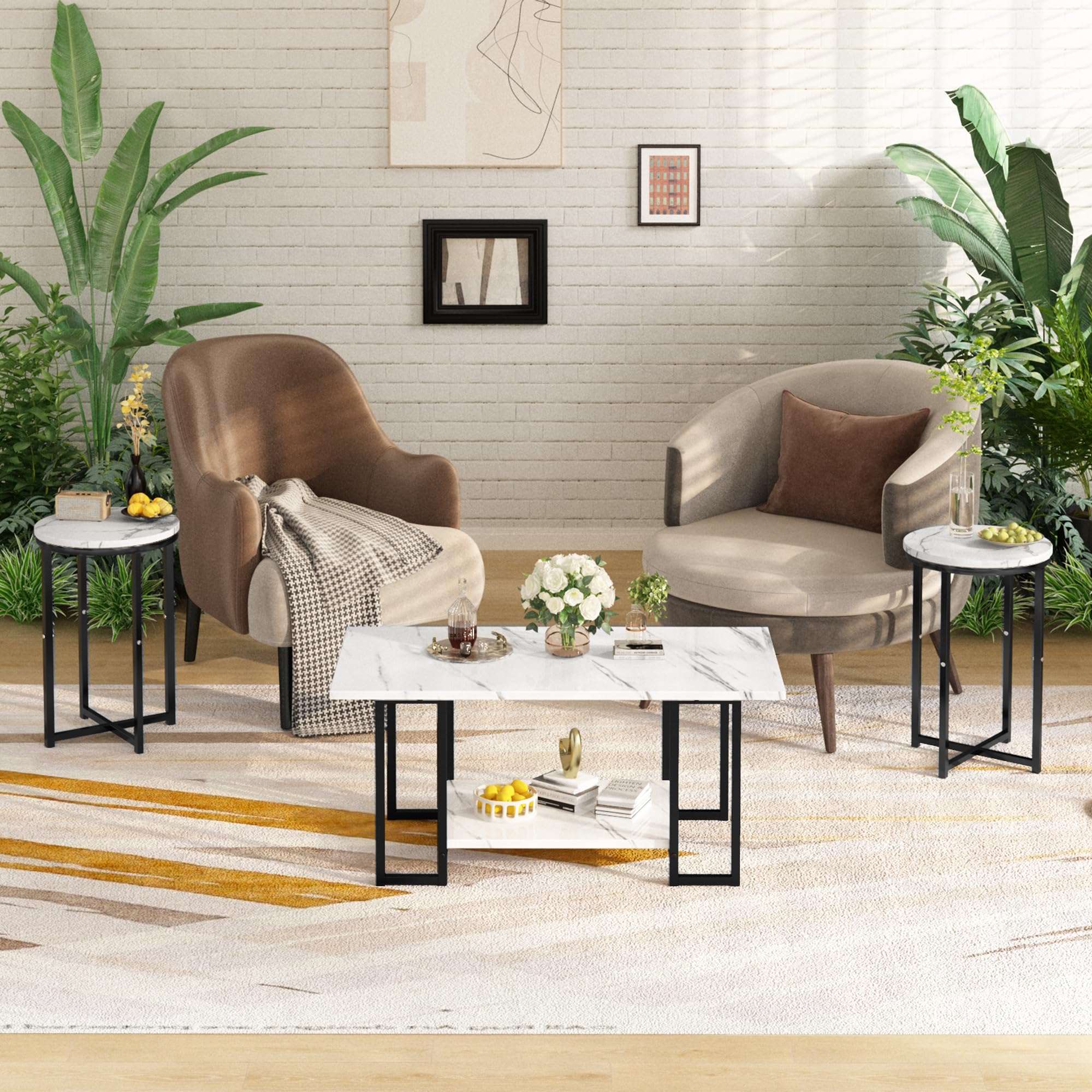 Lamerge 3 Pieces Living Room Table Set, Faux Marble Coffee Table with 2 Round End Side Tables, Coffee Table Set with Metal Frame for Apartment Home Office, White Black