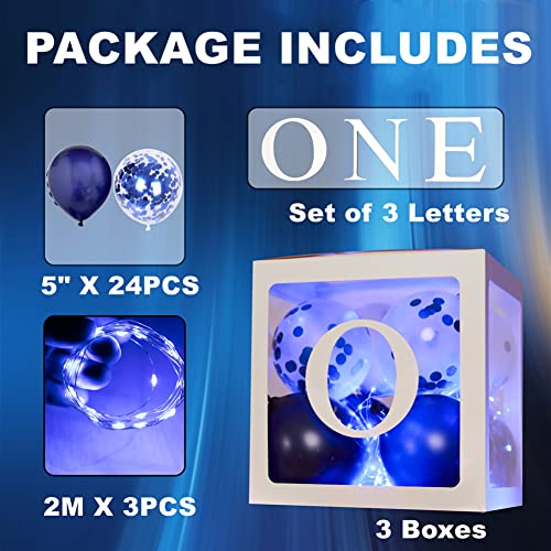 FIGEPO First Birthday Balloons Boxes with 3 LED String Lights and 12 Blue Balloons 12 Confetti Balloons ONE Transparent White Blocks for Baby Boy 1st Birthday Decorations baby shower Photo Shoot Prop