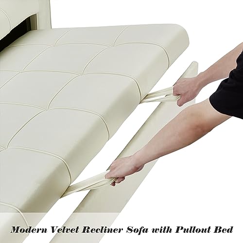 3 in 1 Convertible Sofa Bed Pull Out Couch Sleeper Modern Velvet Loveseat Couch Futon Sofá Bed w/Reclining Backrest,Side Coffee Table,2 Pillows,Lounge Sofa for Living Room Apartment Home Office,White