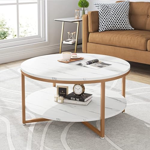 Two-Tier Round Marble Modern Coffee Table with Metal Legs and Open Storage Shelf for Living Room White Gold Contemporary MDF Wood Finish Water Resistant