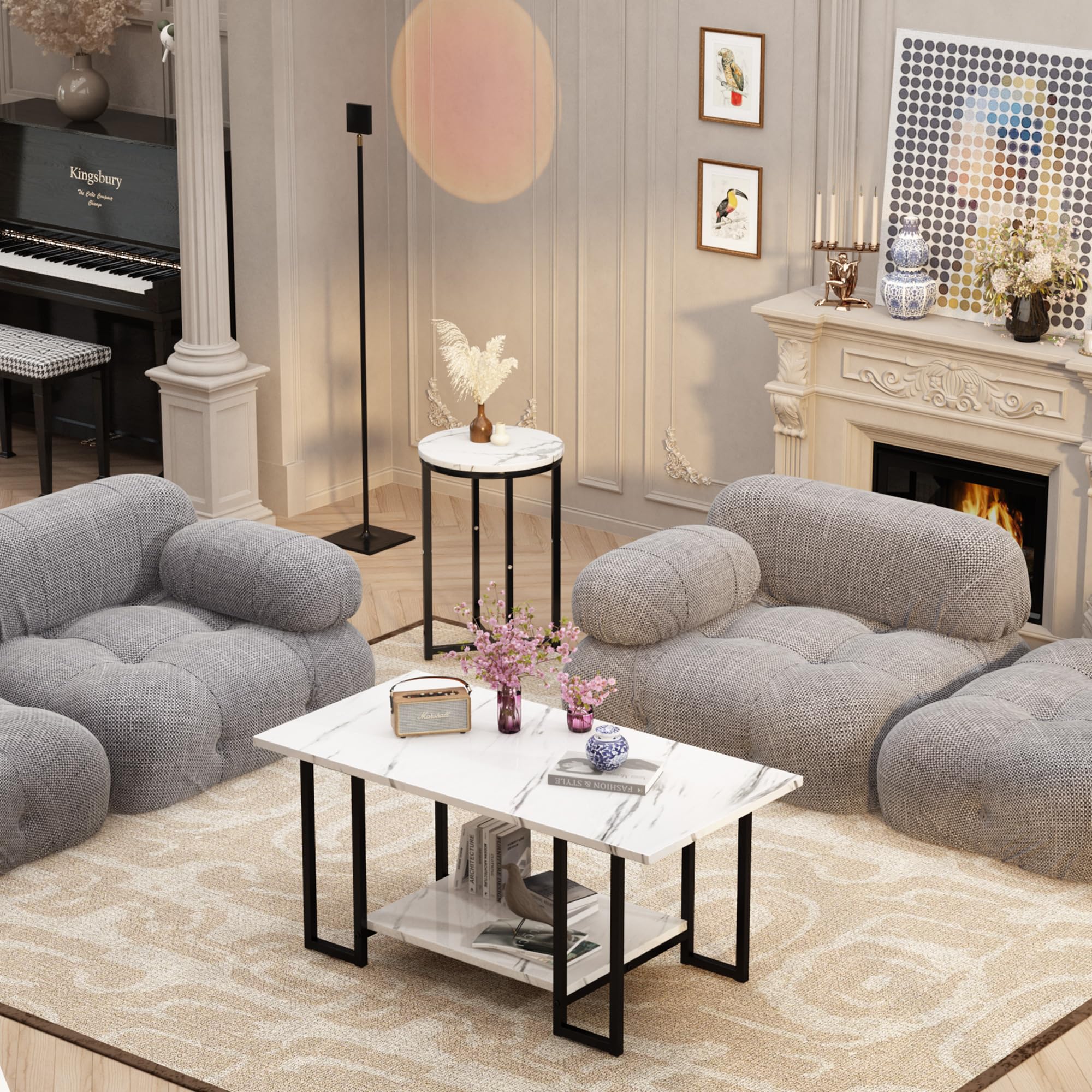 Lamerge 3 Pieces Living Room Table Set, Faux Marble Coffee Table with 2 Round End Side Tables, Coffee Table Set with Metal Frame for Apartment Home Office, White Black