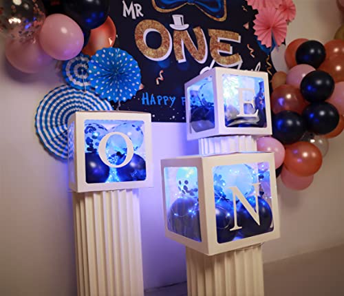 FIGEPO First Birthday Balloons Boxes with 3 LED String Lights and 12 Blue Balloons 12 Confetti Balloons ONE Transparent White Blocks for Baby Boy 1st Birthday Decorations baby shower Photo Shoot Prop