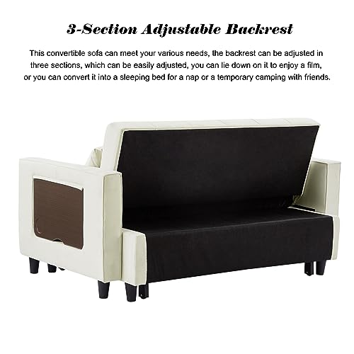 3 in 1 Convertible Sofa Bed Pull Out Couch Sleeper Modern Velvet Loveseat Couch Futon Sofá Bed w/Reclining Backrest,Side Coffee Table,2 Pillows,Lounge Sofa for Living Room Apartment Home Office,White