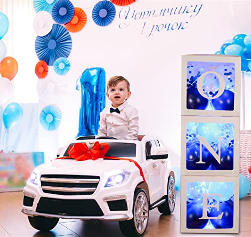 FIGEPO First Birthday Balloons Boxes with 3 LED String Lights and 12 Blue Balloons 12 Confetti Balloons ONE Transparent White Blocks for Baby Boy 1st Birthday Decorations baby shower Photo Shoot Prop