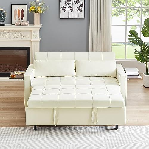 3 in 1 Convertible Sofa Bed Pull Out Couch Sleeper Modern Velvet Loveseat Couch Futon Sofá Bed w/Reclining Backrest,Side Coffee Table,2 Pillows,Lounge Sofa for Living Room Apartment Home Office,White