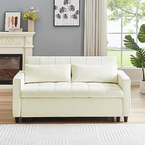 3 in 1 Convertible Sofa Bed Pull Out Couch Sleeper Modern Velvet Loveseat Couch Futon Sofá Bed w/Reclining Backrest,Side Coffee Table,2 Pillows,Lounge Sofa for Living Room Apartment Home Office,White